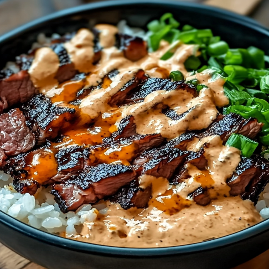 Korean BBQ Steak Rice Bowls with Spicy Cream Sauce