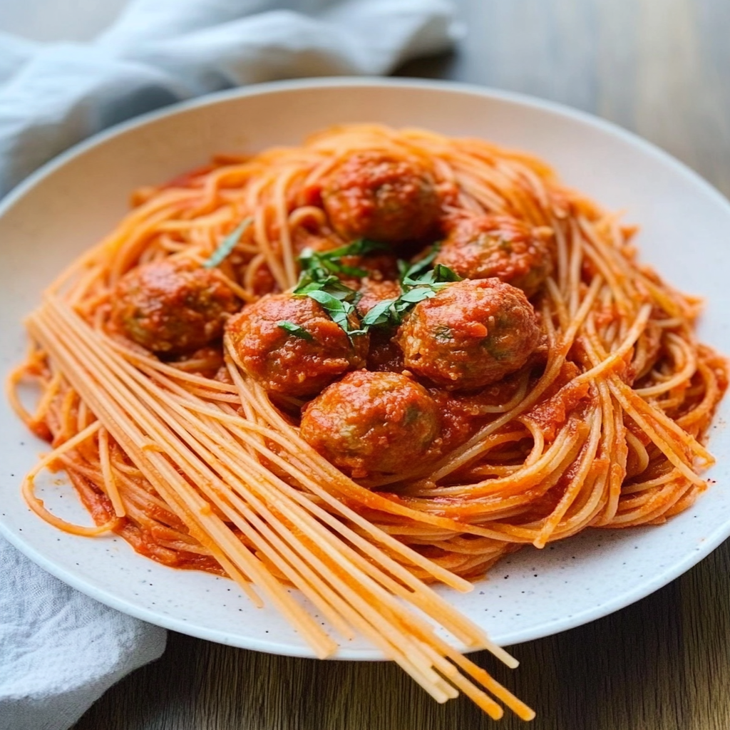 Spaghetti with Marinara Sauce and Halal Meatballs