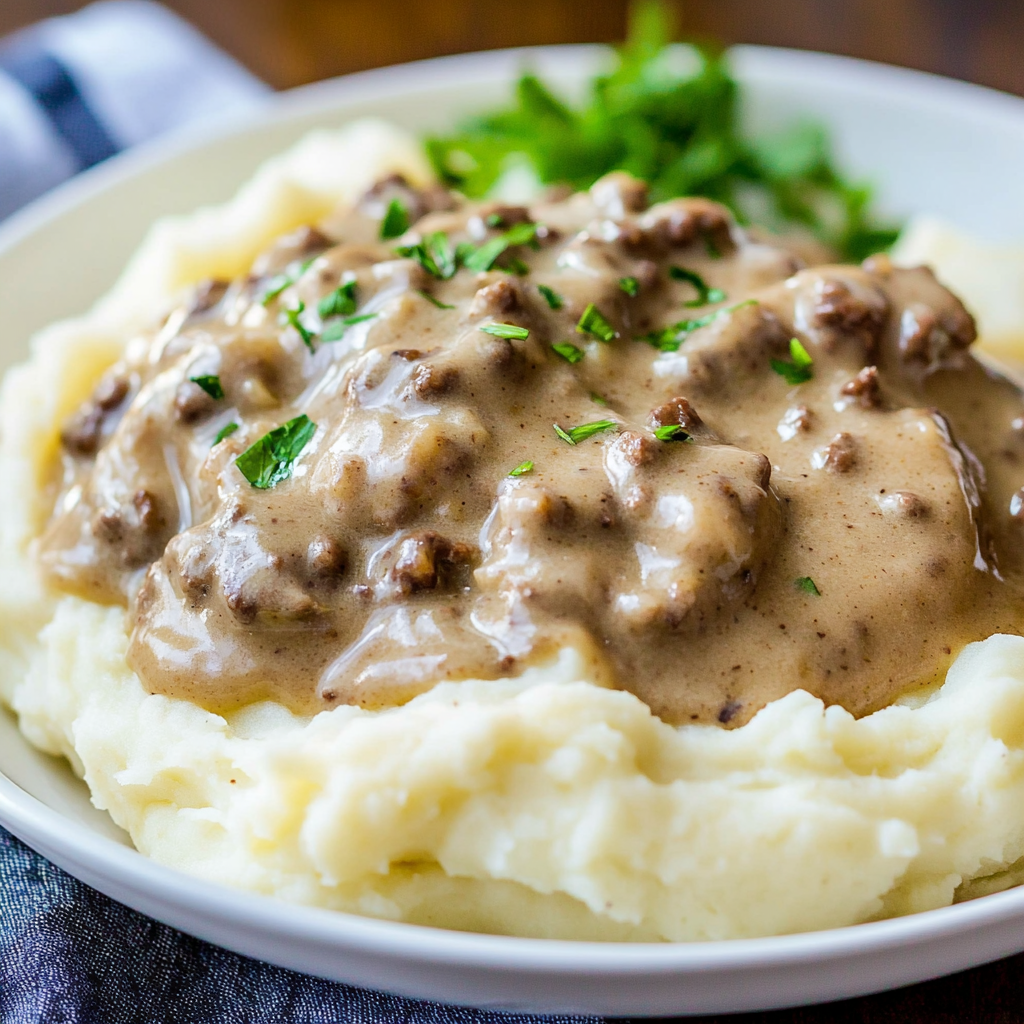 Delicious Hamburger Gravy Over Mashed Potatoes